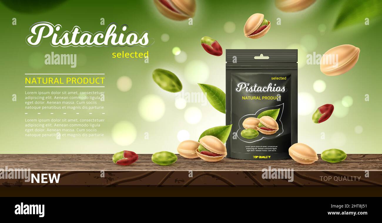Nuts package poster. Realistic pistachios bag design. Advertising ...