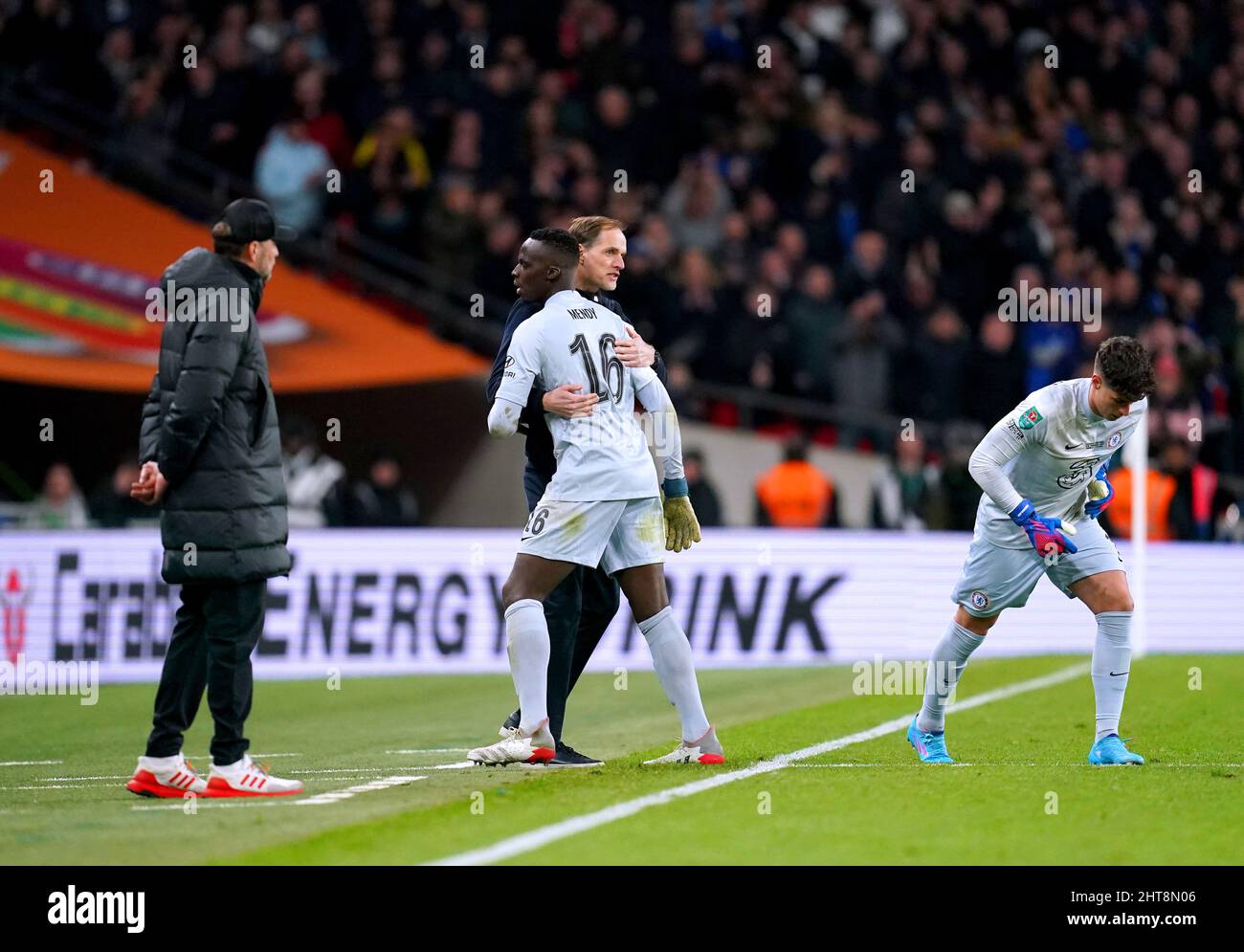 Chelsea goalkeeper Edouard Mendy is hugged by manager Thomas Tuchel ...