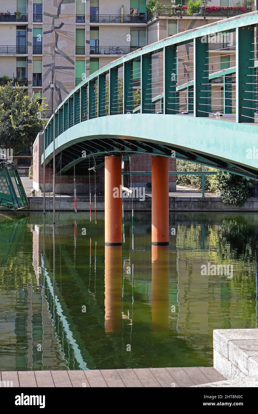 Pedestrian arch bridge over water canal in Milan Italy Stock Photo - Alamy