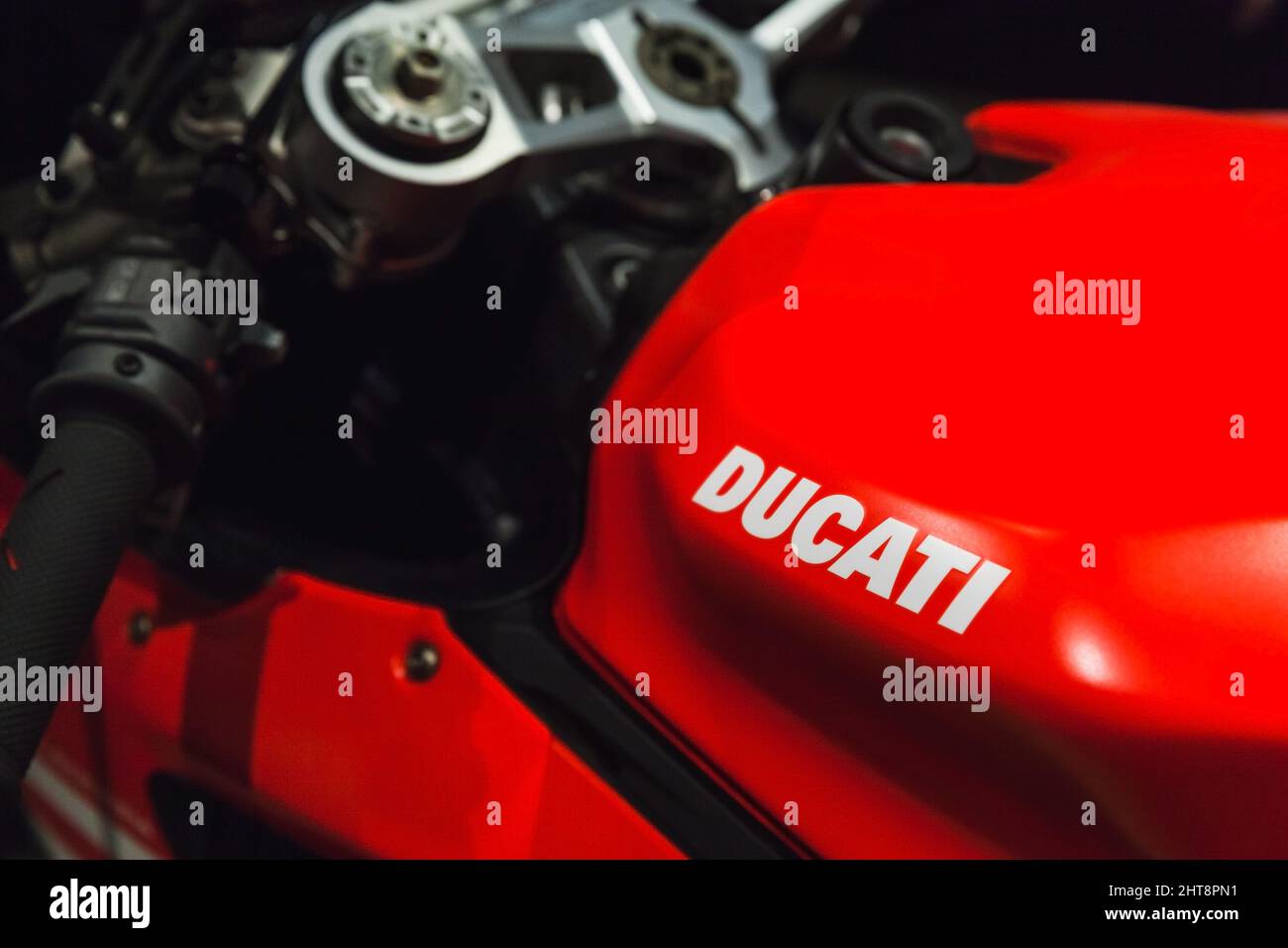 St.Petersburg, Russia - April 3, 2019: Ducati brand name label is on a ...