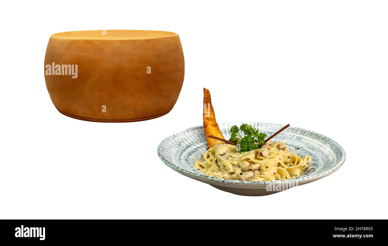 Block of parmesan cheese and pasta isolated on a white background Stock ...