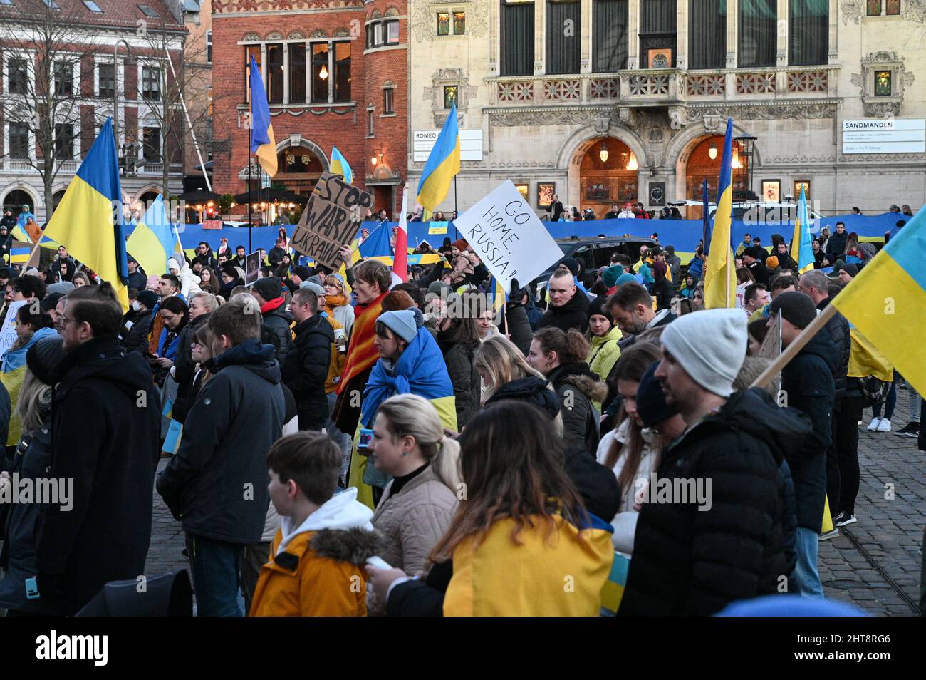 Crowd of people protesting against the Russian invasion of Ukraine ...