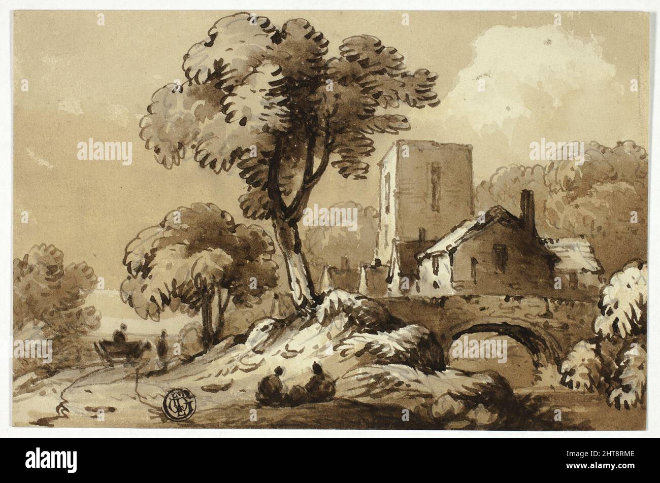 Wagon Passing Group of Houses Beside Stream, n.d Stock Photo - Alamy