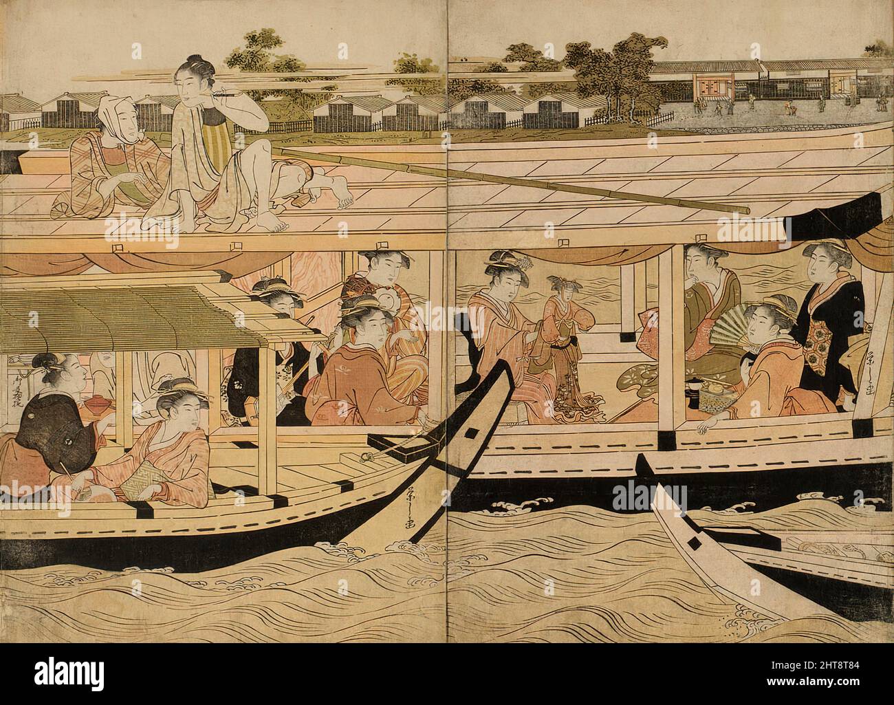 Pleasure Boats on the Sumida River, c. 1792. Passengers enjoy a puppet ...