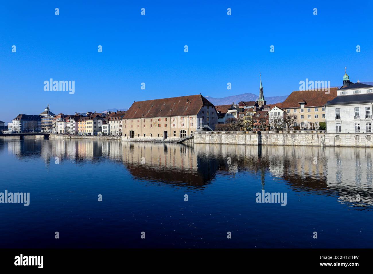 Solothurn, Switzerland, 15. January 2022: View along the Aare River to ...