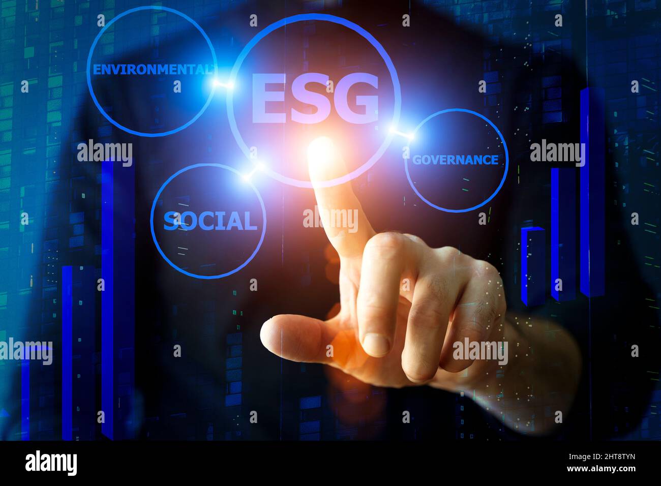 Global ESG technology circular. Man's hand presses a holographic button ...