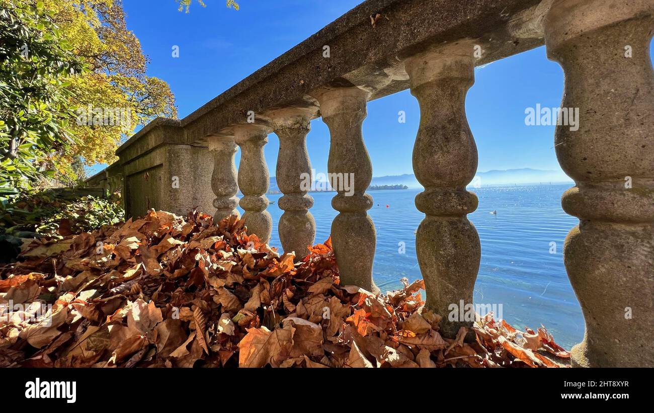 Beautiful shot of railings and fallen autumn leaves by the lake in Bad ...
