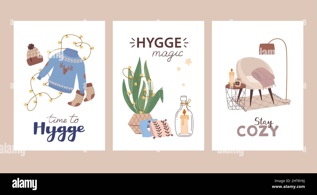 Set of cozy cards on hygge theme. Postcards with warm knitted clothes ...
