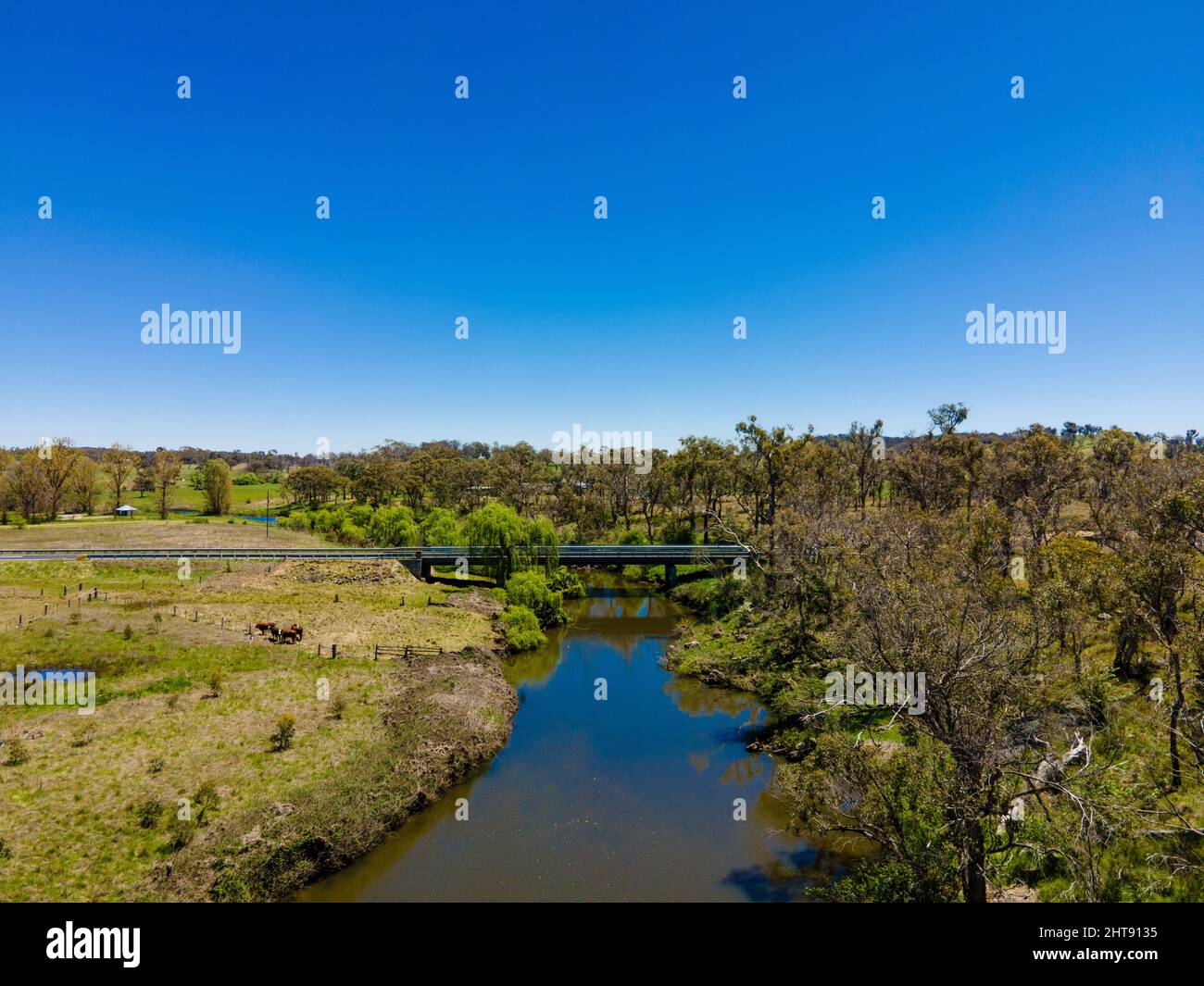 View of a big green field of the Beardy River with beautiful blue sky ...