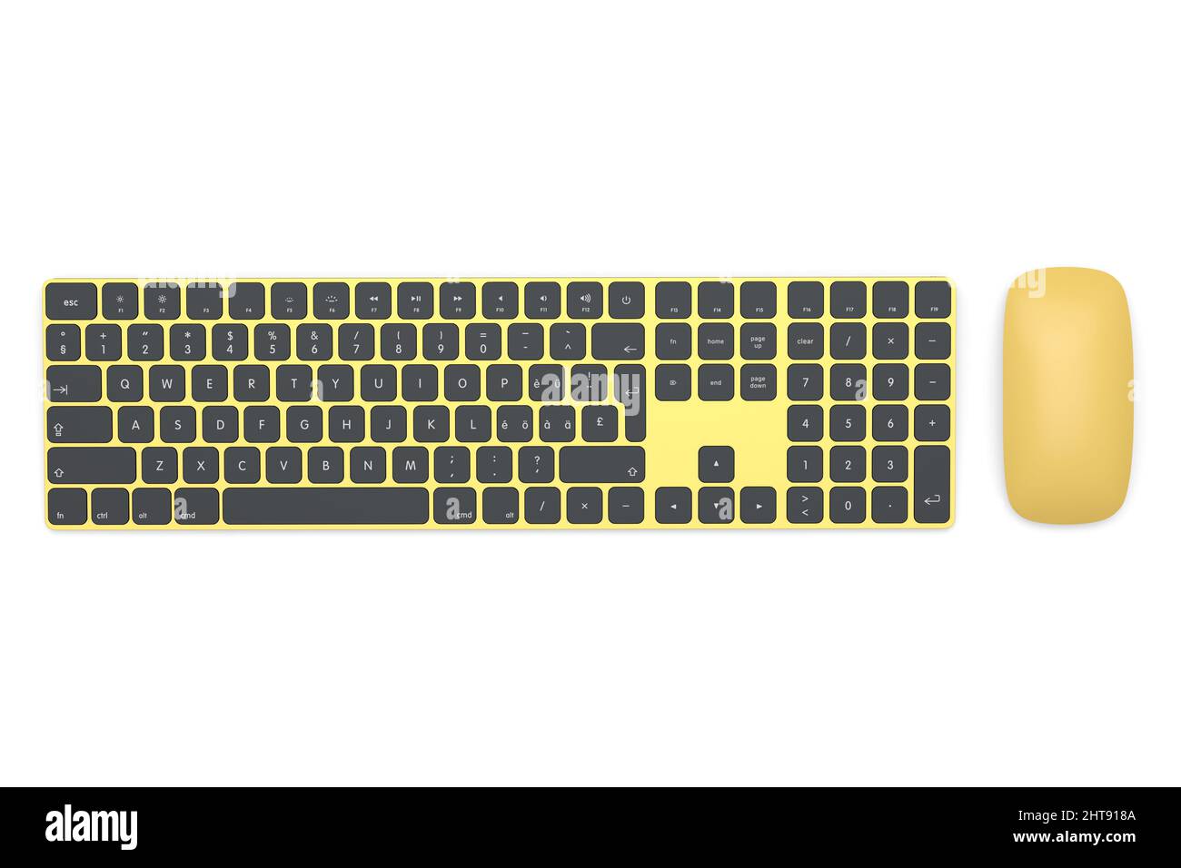 Modern gold aluminum computer keyboard and mouse isolated on white ...