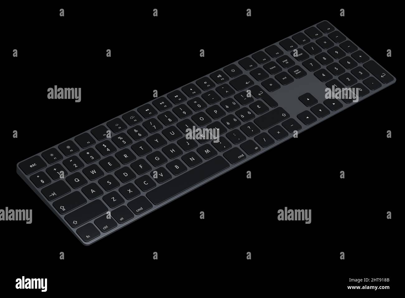 Modern dark aluminum computer keyboard isolated on black background ...