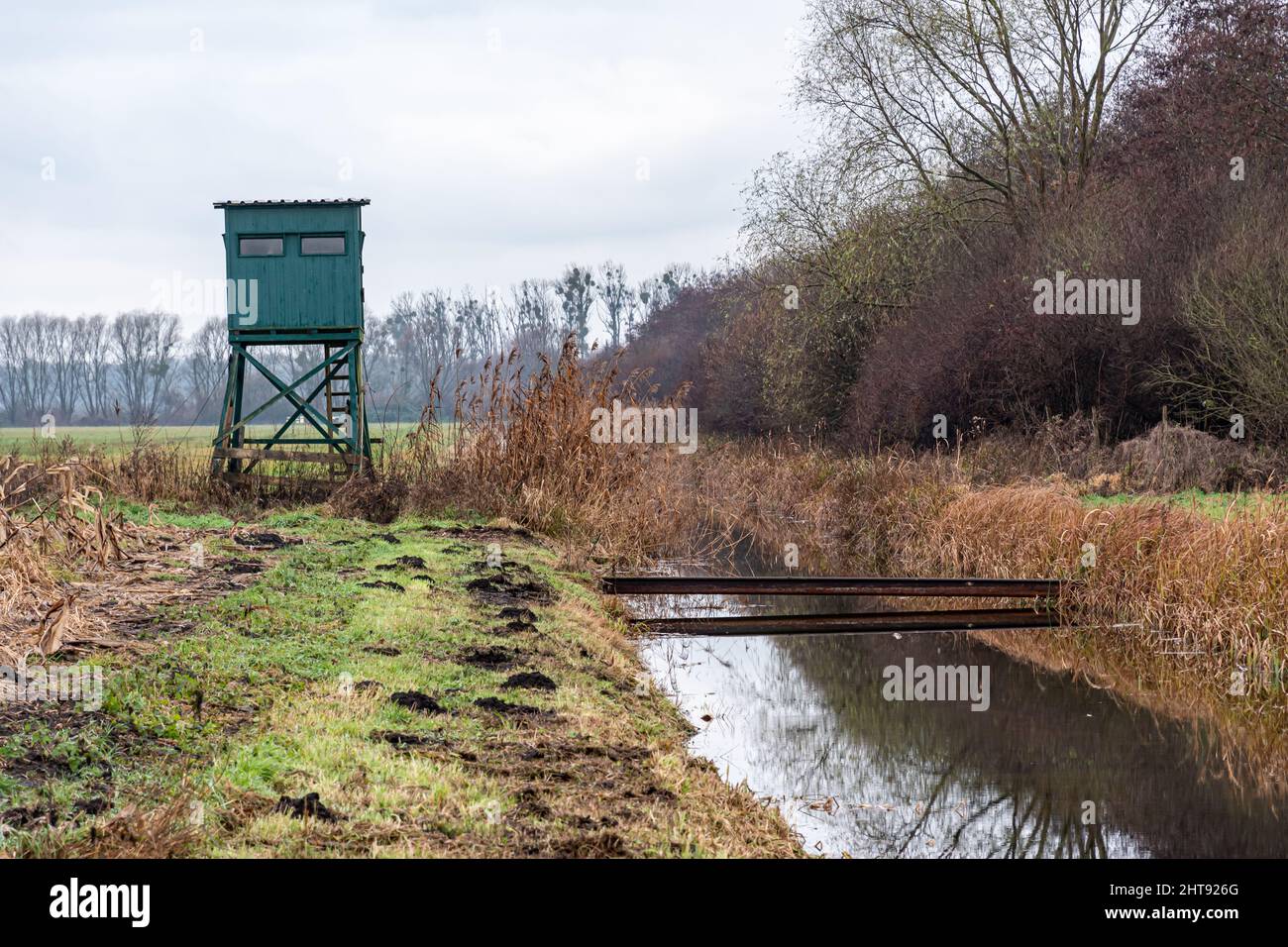Wooden blue watchtower in the farm field beside a canal Stock Photo - Alamy