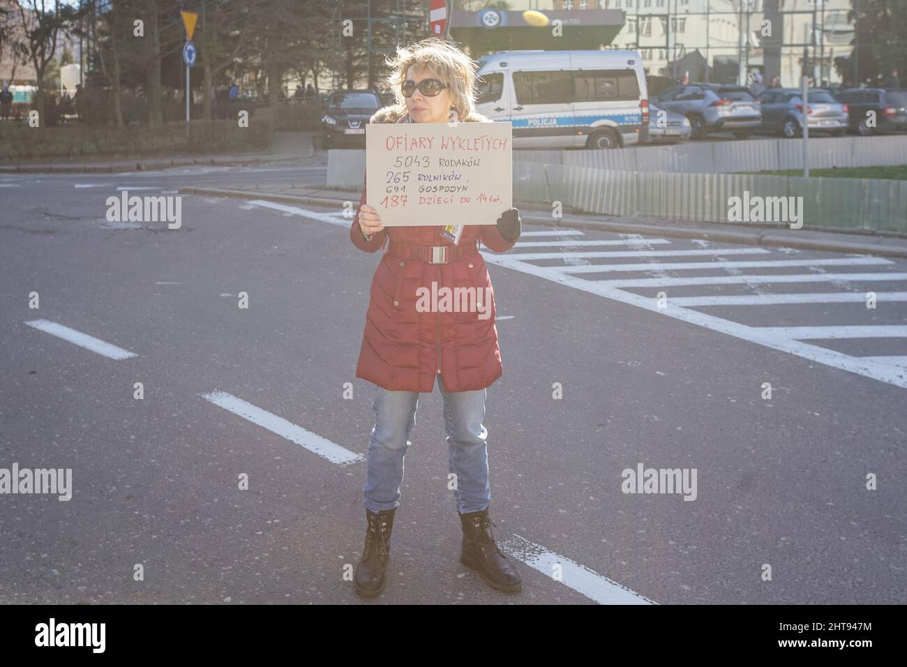 Gdansk, Poland 27th, Feb. 2022 One person counter protestant in front ...
