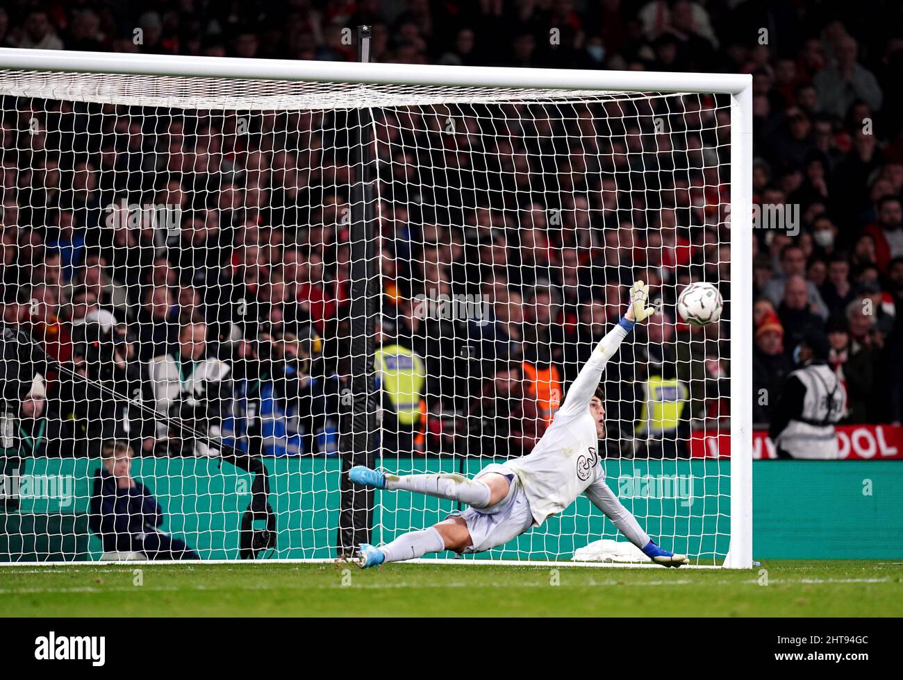 Chelsea goalkeeper Kepa Arrizabalaga makes a save during the Carabao ...