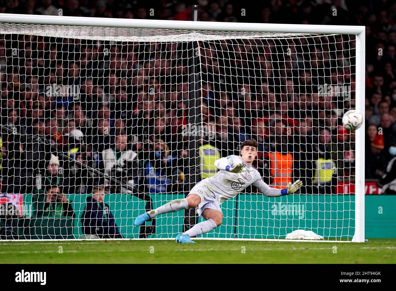 Chelsea goalkeeper Kepa Arrizabalaga makes a save during the Carabao ...