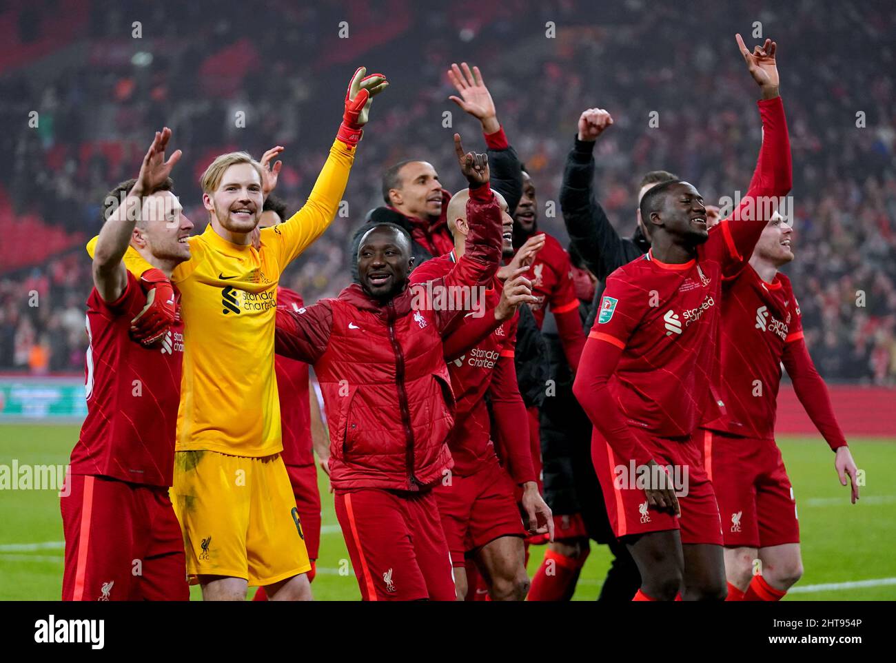 Liverpool players celebrate after winning the Carabao Cup final at ...
