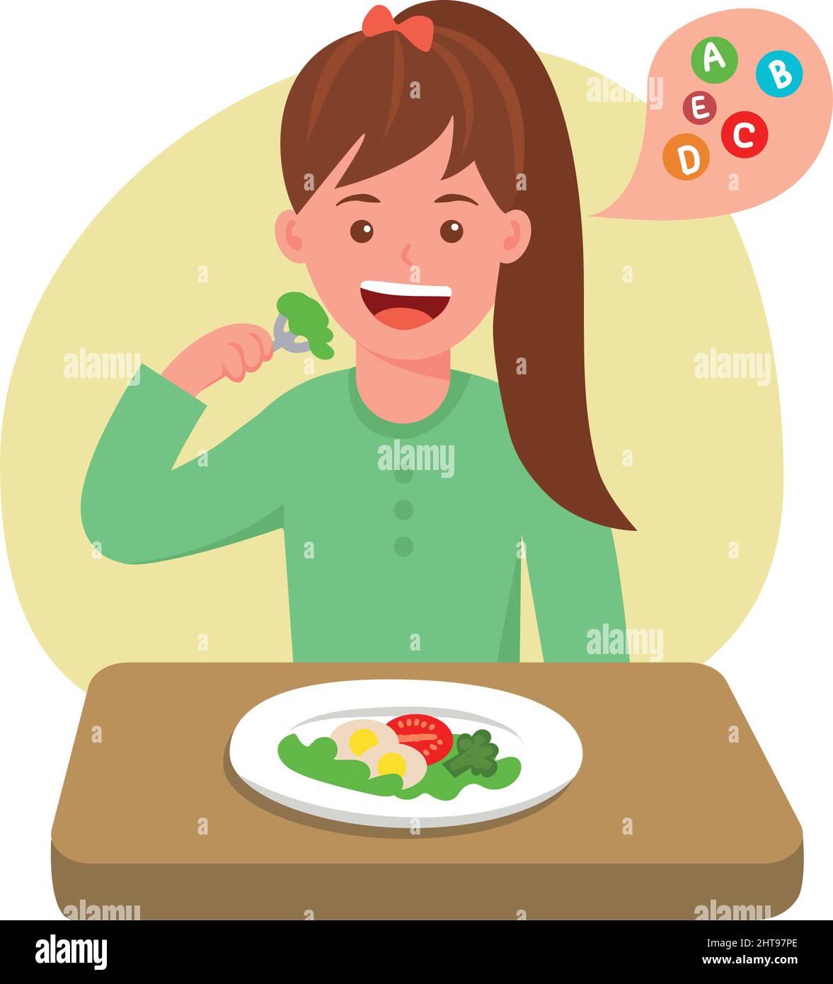 Eating healthy food. Girl with salad in her plate. Vitamins, natural ...