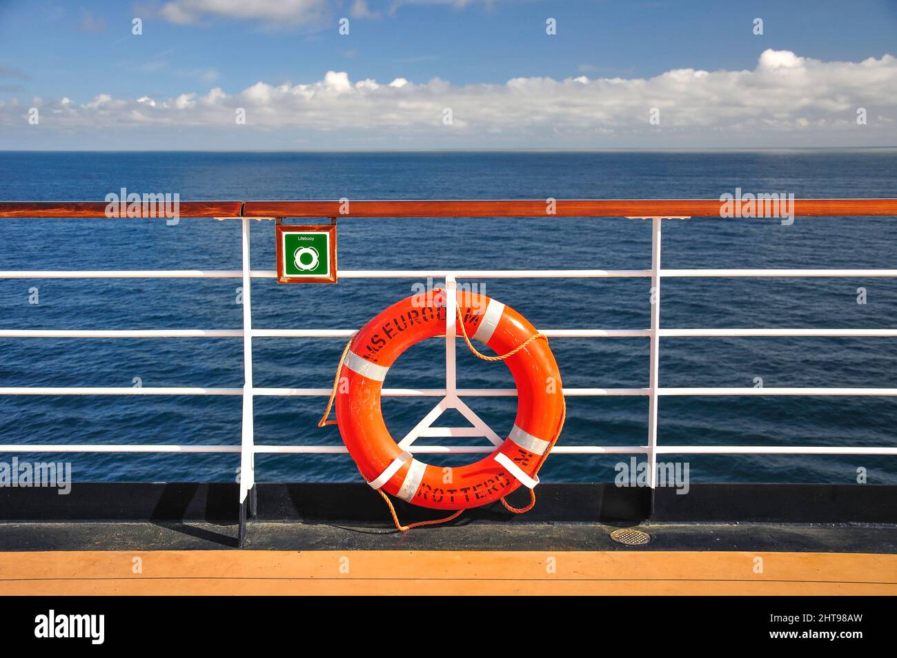 Ship railings and life buoy on deck, MS Eurodam Cruise Ship, North Sea ...