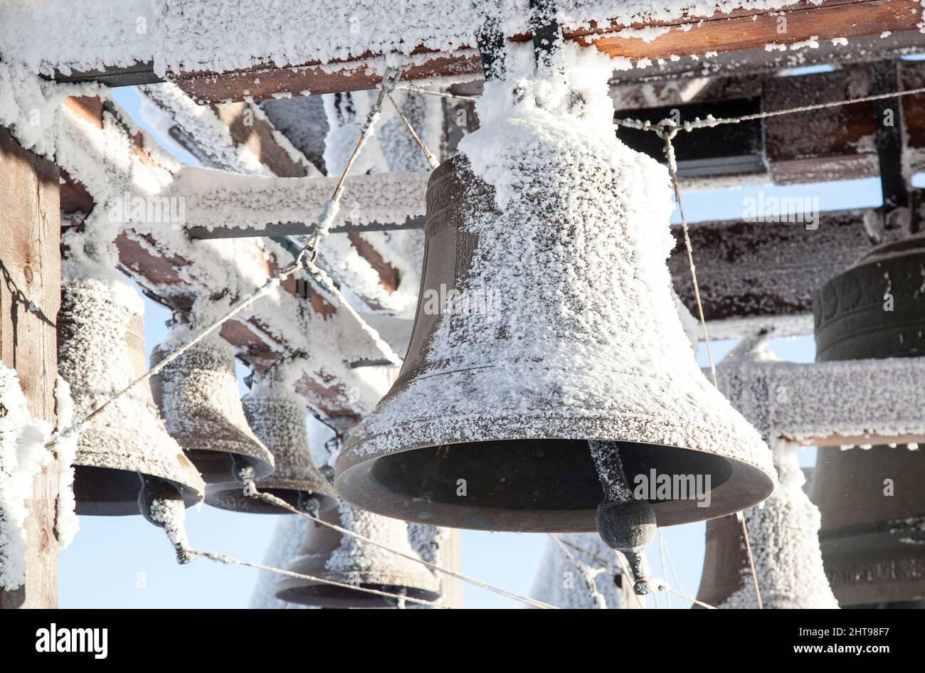 Bells in the belfry are covered with frost on a frosty day Stock Photo ...