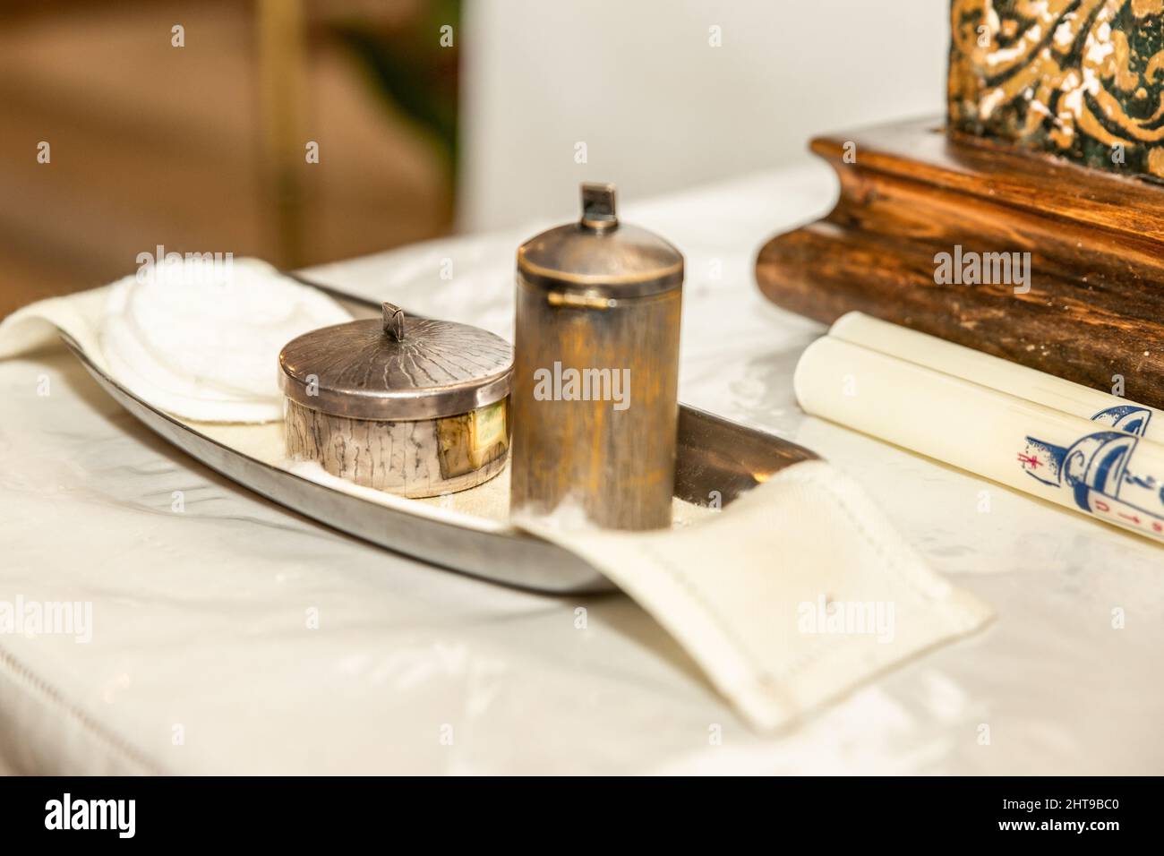 Close-up shot of the religious utensils used in liturgical celebrations ...