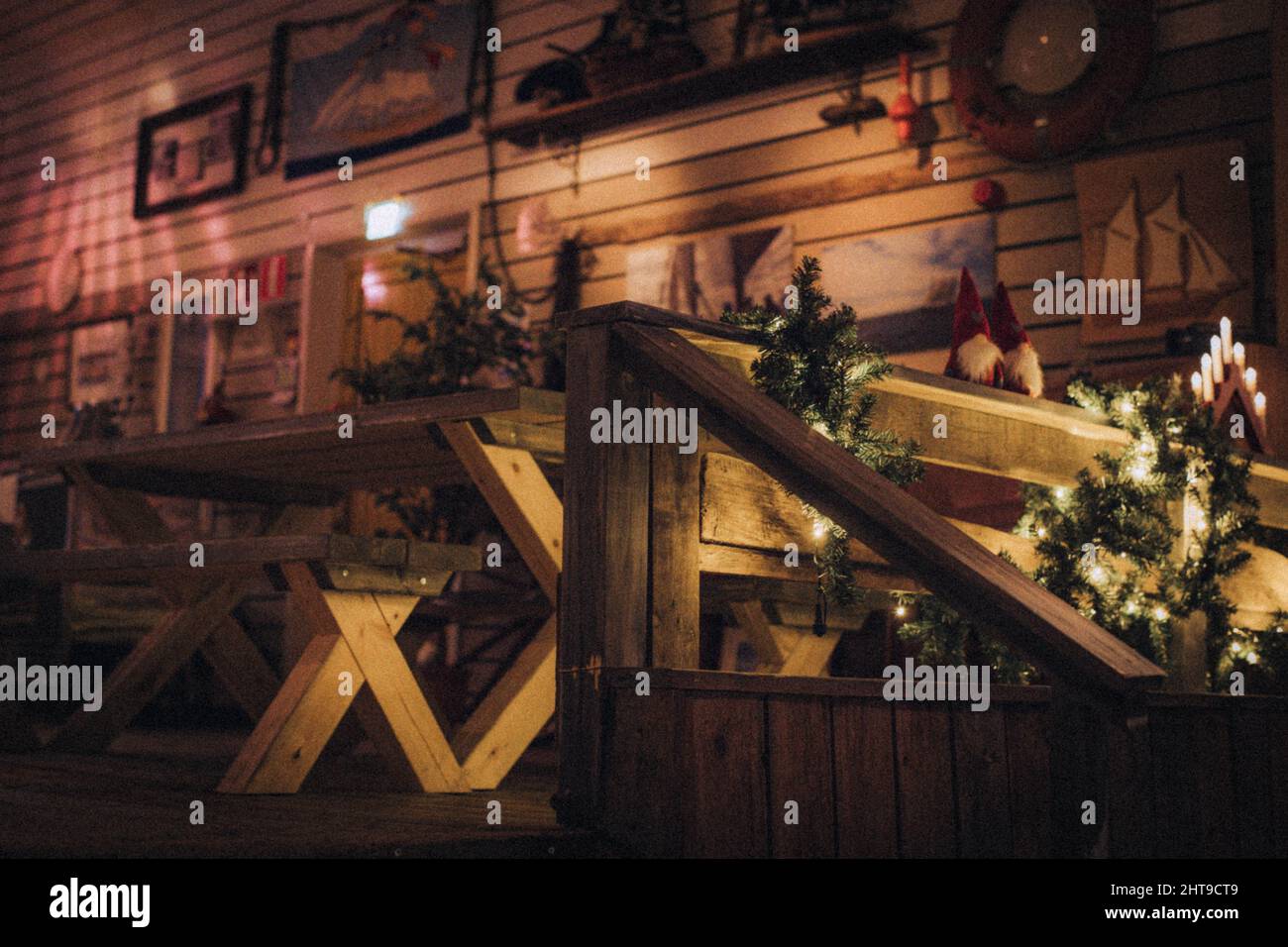 View of Christmas decorations on tables in a cafe Stock Photo - Alamy