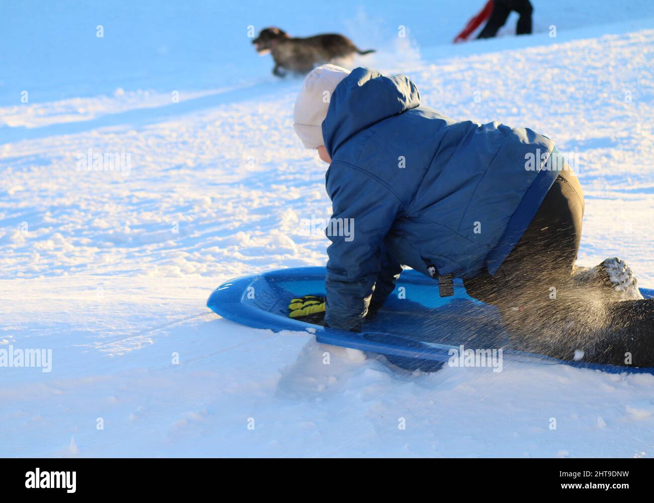 Child on sled in winter hi-res stock photography and images - Alamy
