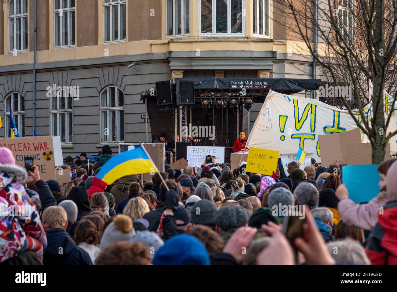 the Danish Prime Minister Mette Frederiksen speaks to protesters in ...