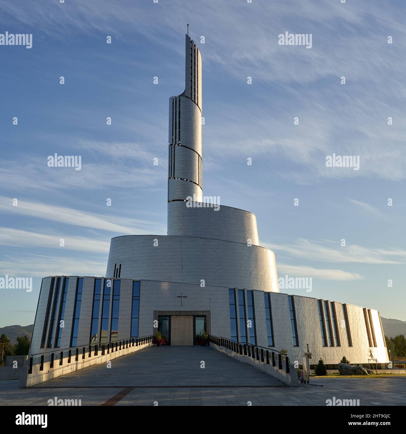 Beautiful view of the Northern Lights Cathedral exterior, built in a ...