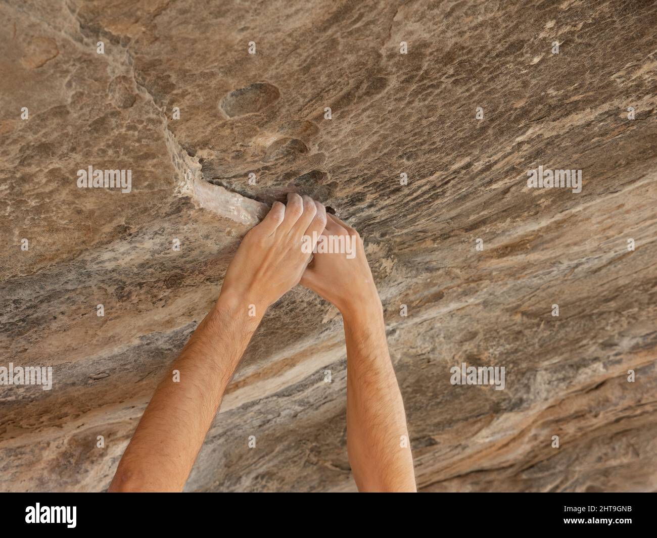 Top view of Hands and fingers bandaged with white magnesia of a young ...