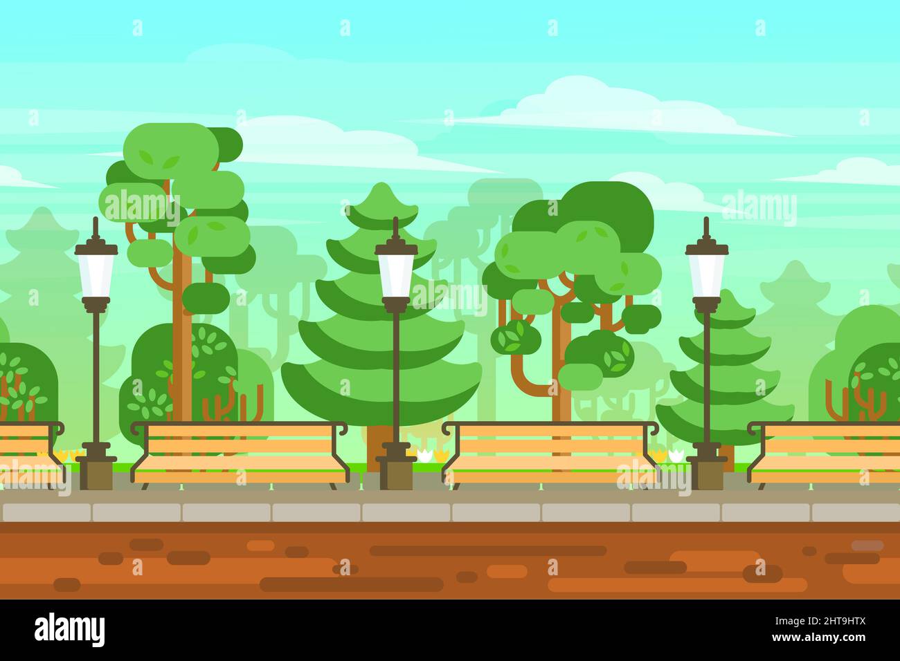 Illustration of a park with 2D green trees, outdoor lightings and ...