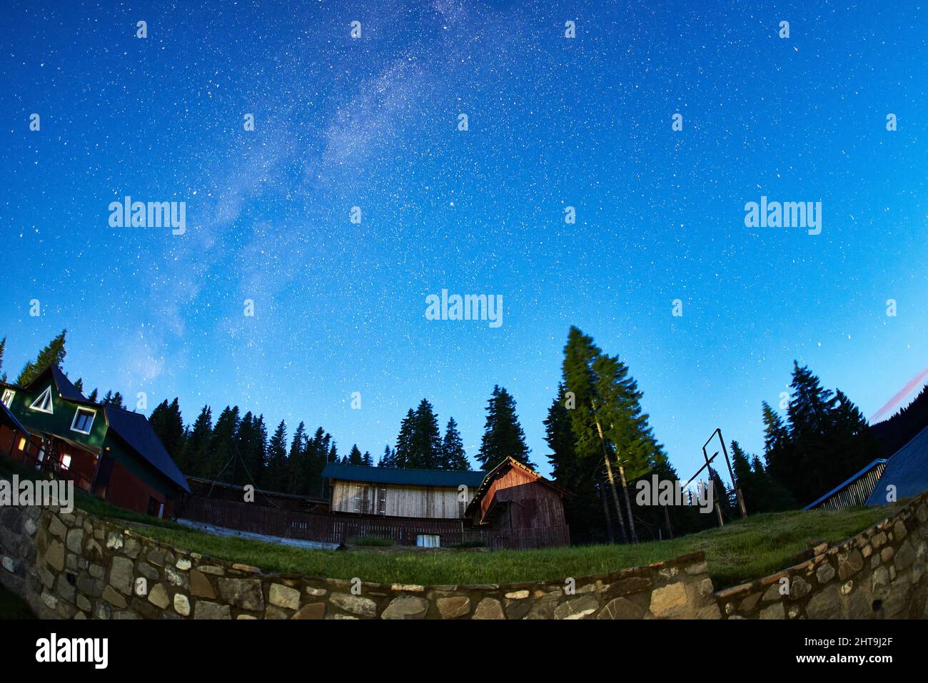 A beautiful view of houses among fir trees under the starry night Stock ...