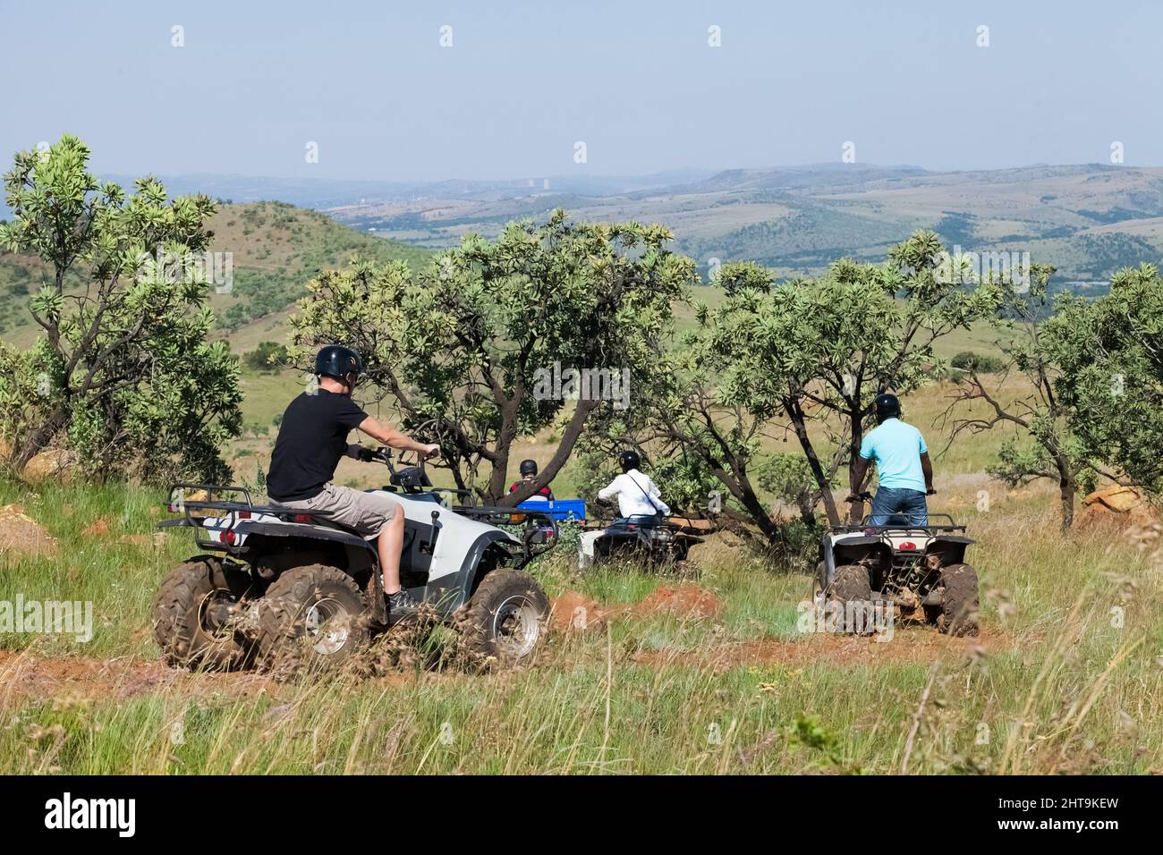 Beautiful view of Quad bike adventure riding in African bush on dirt ...