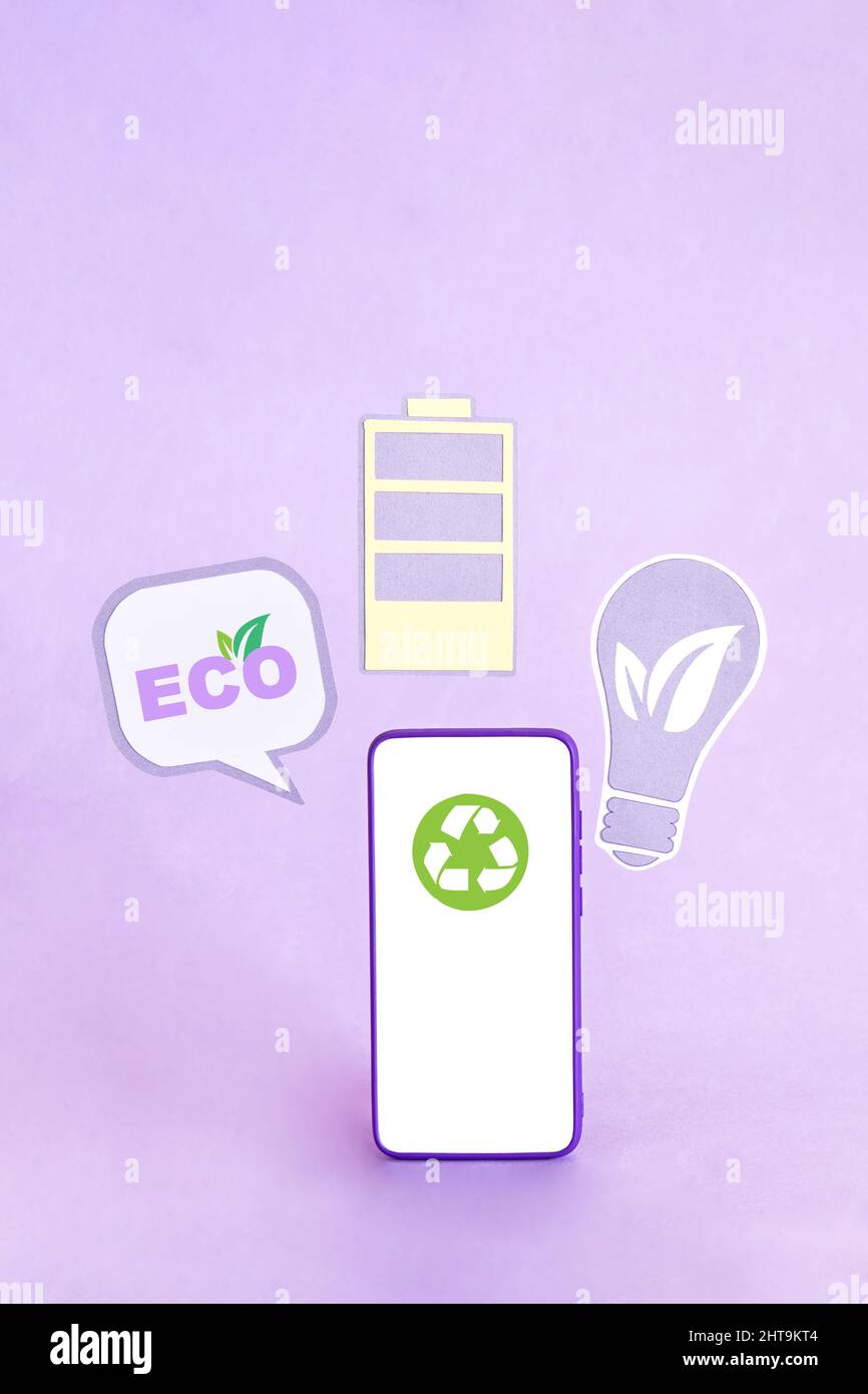 Ecology design phone with signs of battery , recycling & eco lighting ...