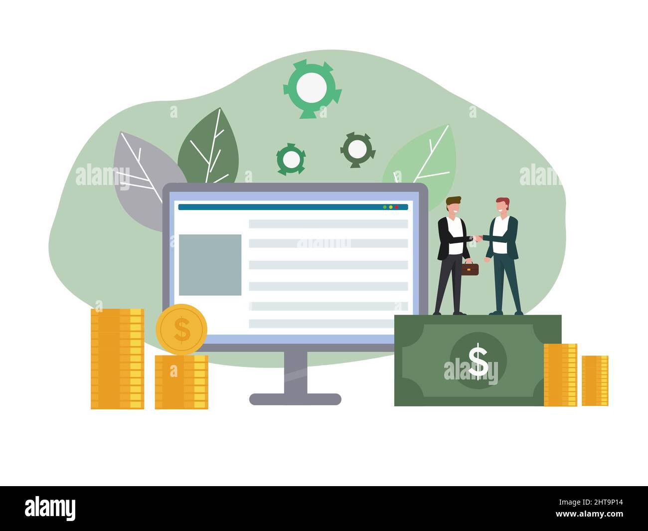 Illustration of a monitor, bills, coins, and two figures making a deal ...