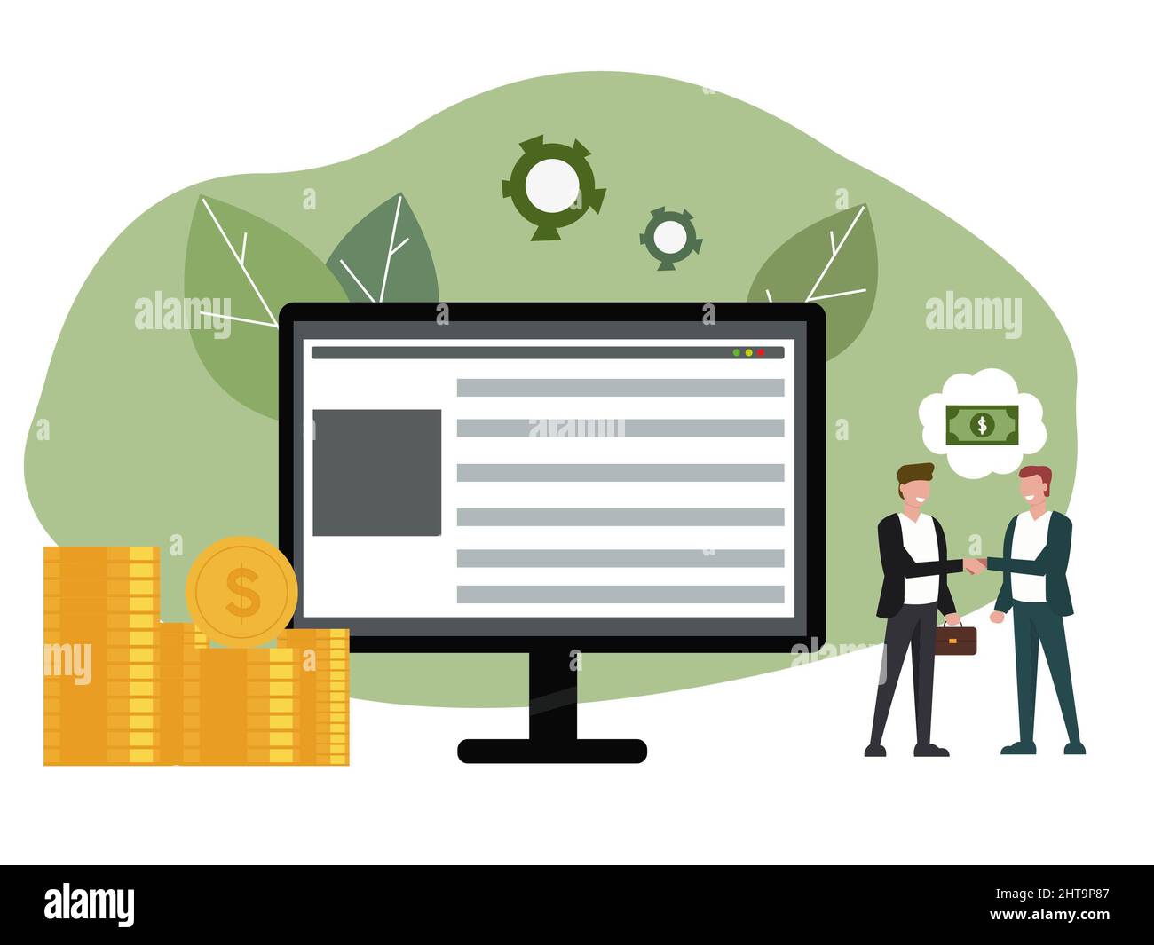 Illustration of a monitor, bills, coins, and two figures making a deal ...