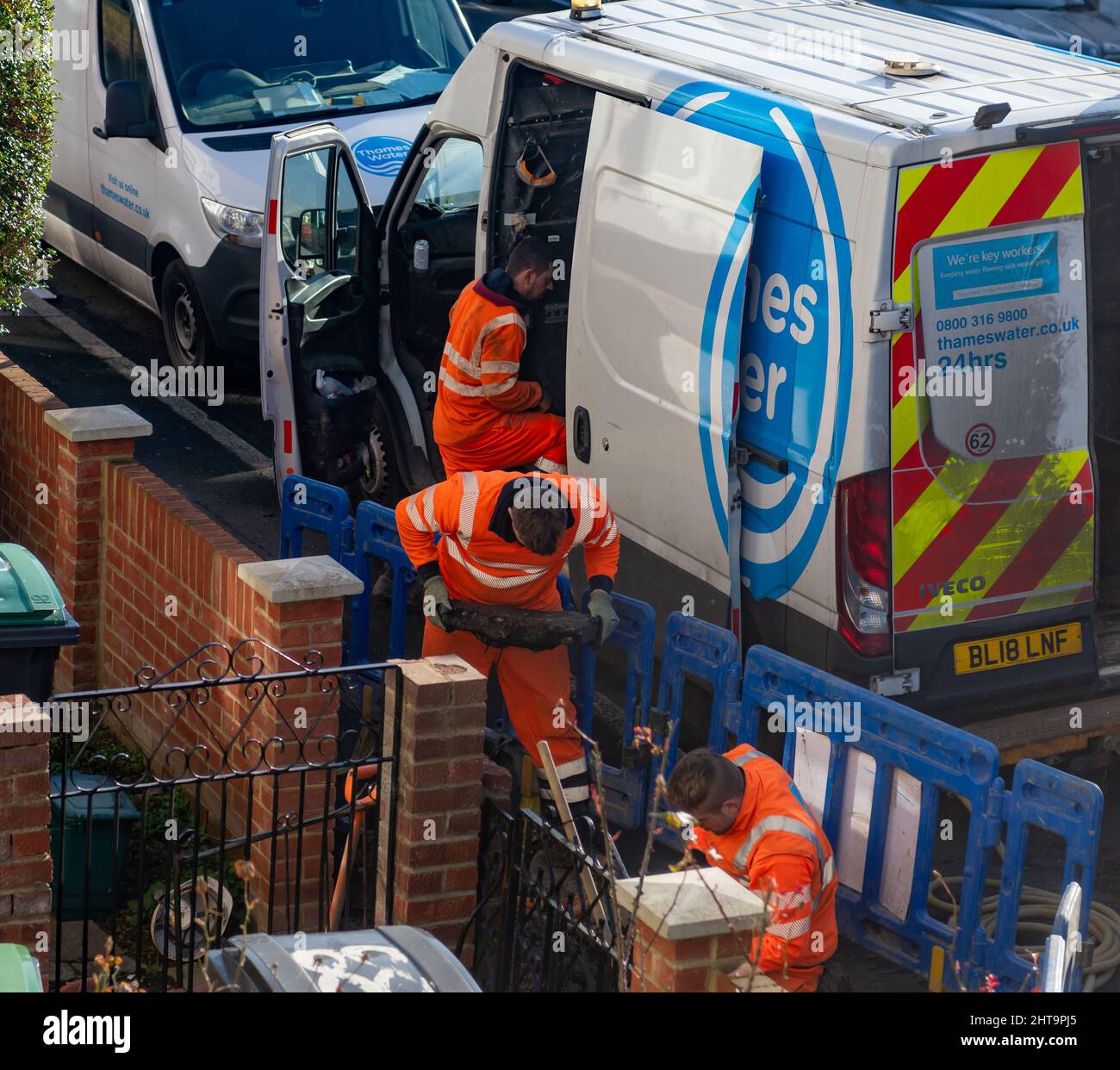 London. UK-02.23.2022. Workers from the utility company Thames Water ...
