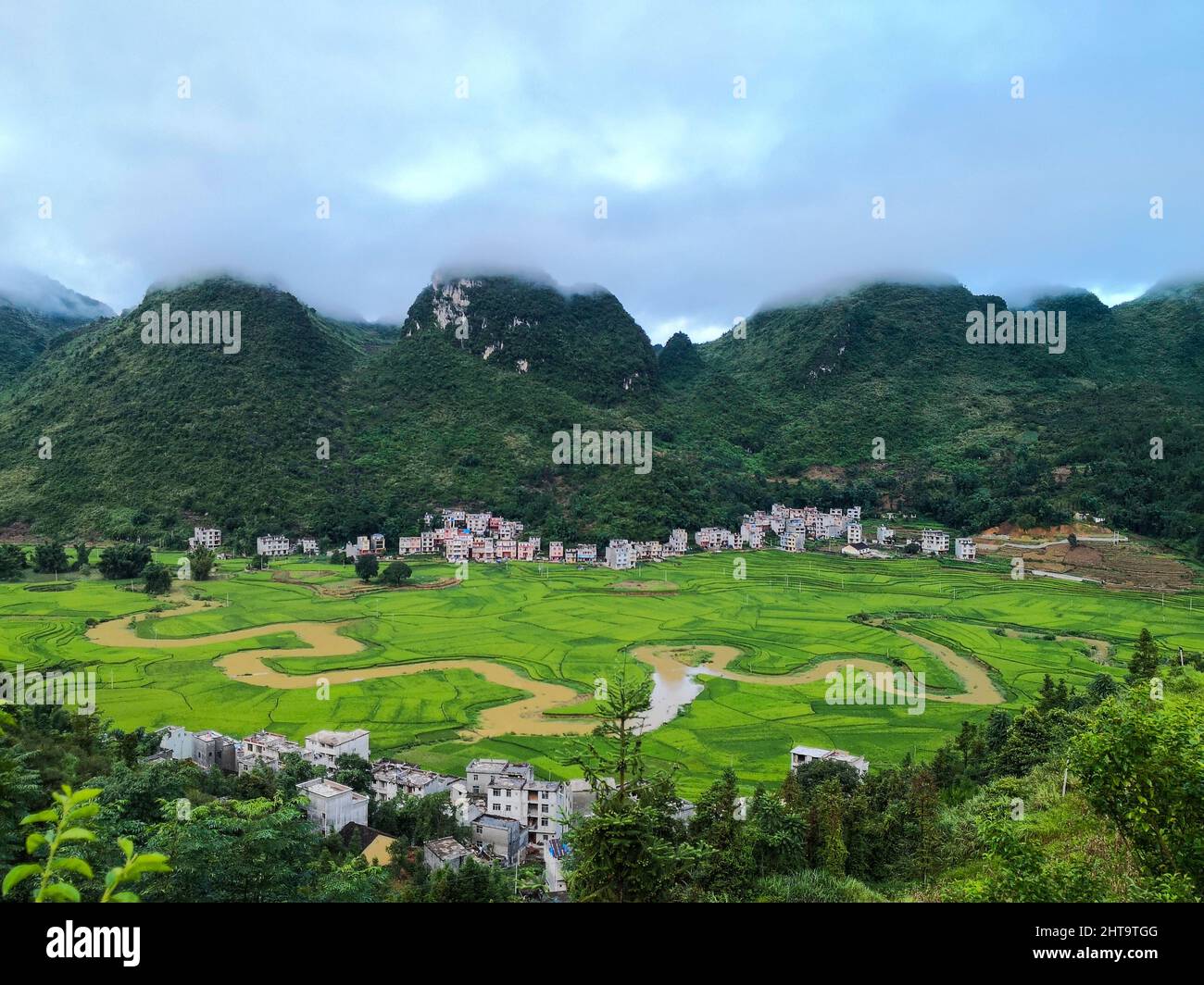 Ming River flowing through the fields, Bama Yao Autonomous County ...