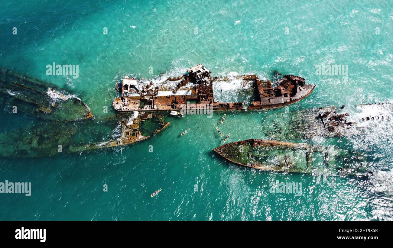 Aerial view of crashed boats in the sea, Moreton Island, Queensland ...