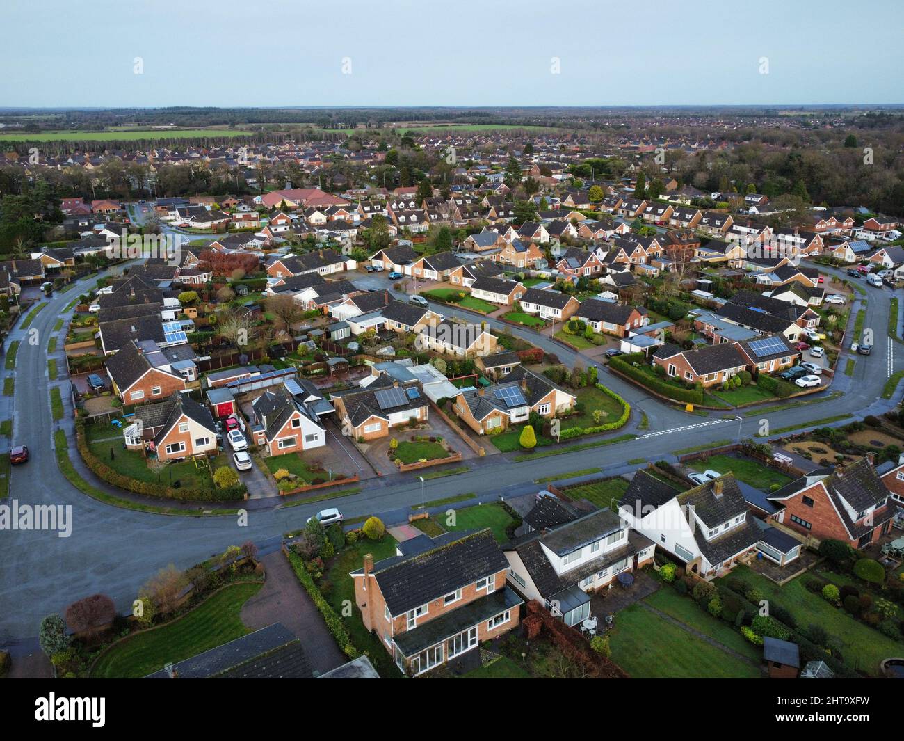 Aerial view of cottages in Taverham village located in England Stock ...
