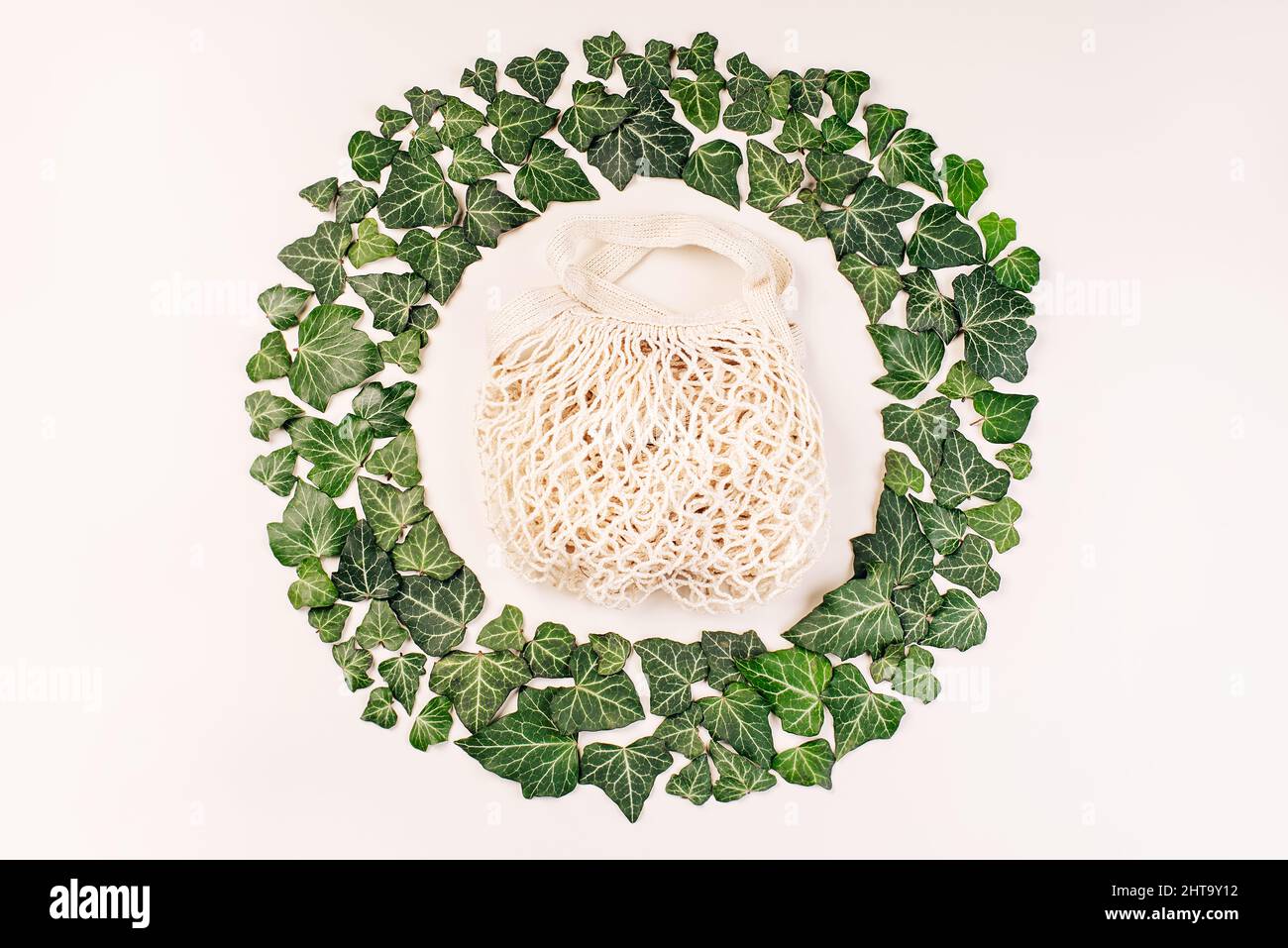 Frame of green leaves on a white background with an eco fabric bag in ...