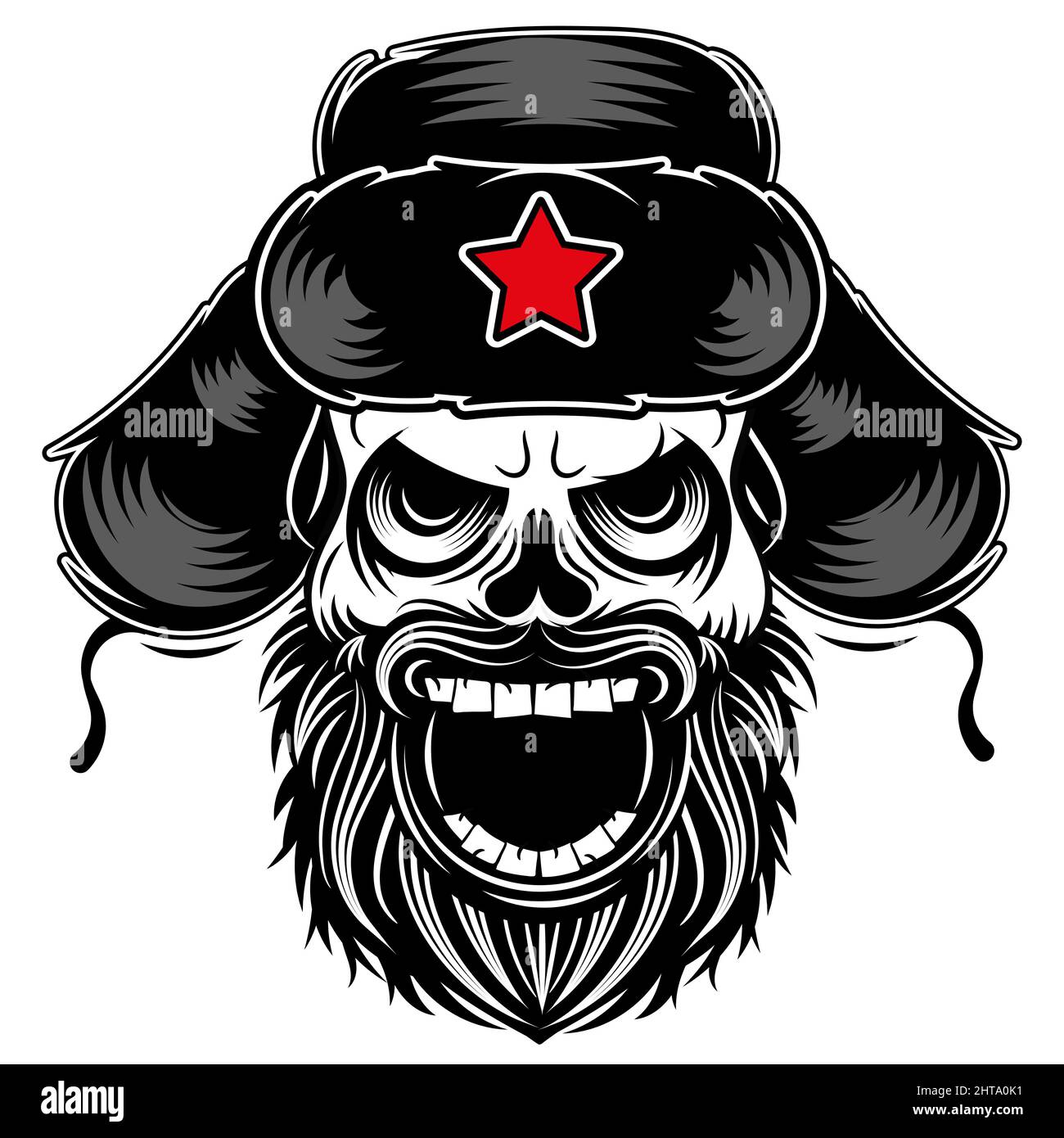 The furious, evil muzzle of a terrible Russian skull in an earflap hat ...