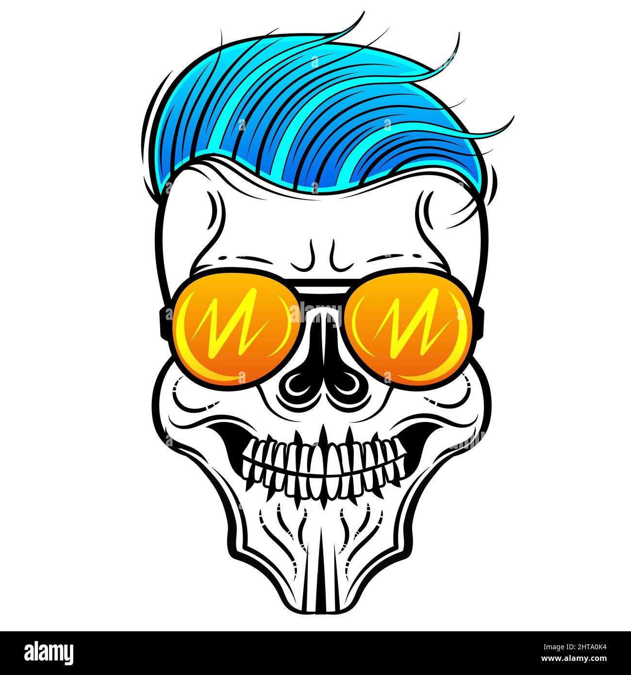 Hand drawn human skull wearing green aviator sunglasses, sketch style ...