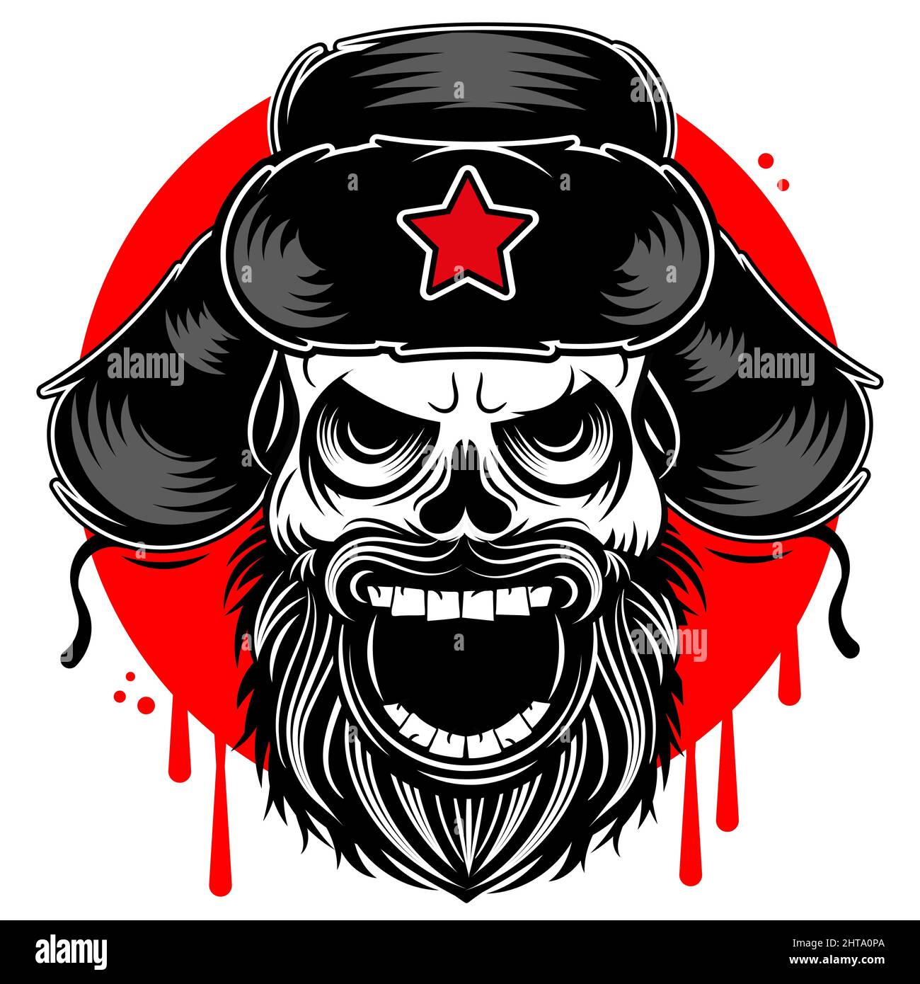 The furious, evil muzzle of a terrible Russian skull in an earflap hat ...