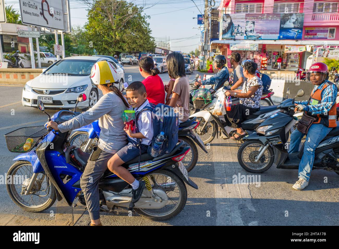 Motorcycle traffic during rush hour in Hua Hin. This is an old fishing ...