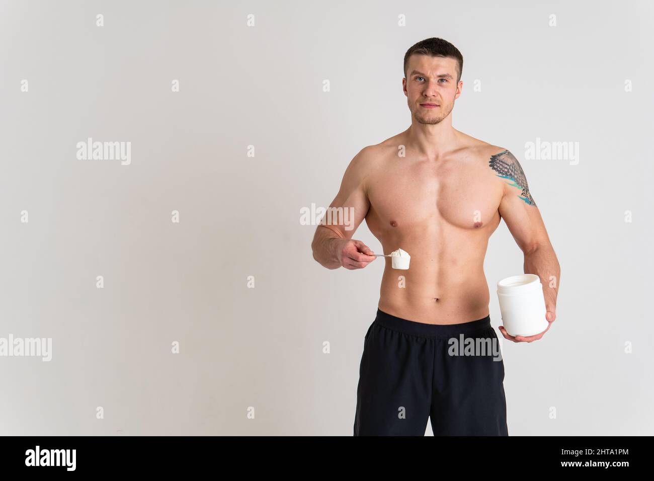 Fitness protein jars white on white background bodybuilder powder ...