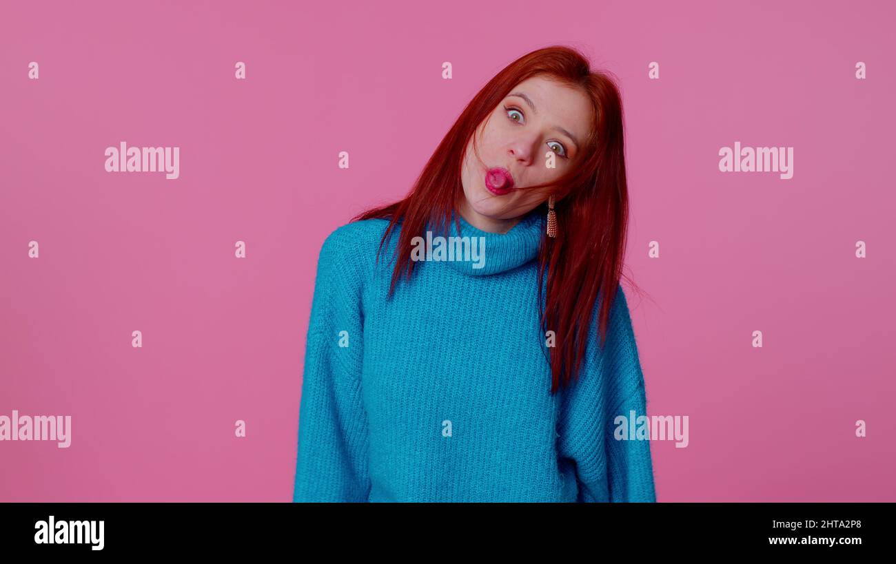 Funny comic teen student girl 20s years old in blue sweater making ...