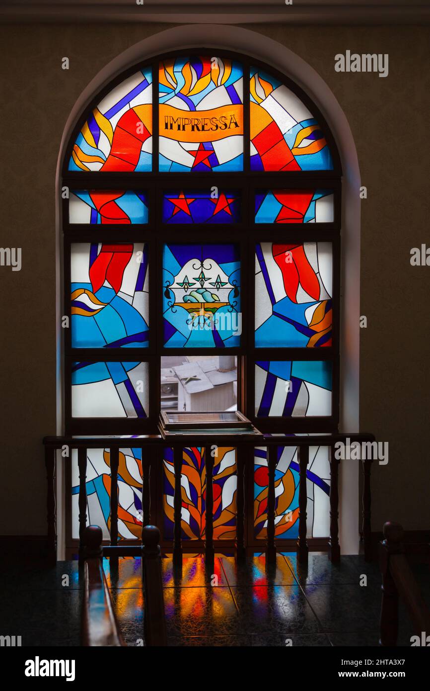 Modern stained glass window inside the Impressa Hotel, Podil district ...