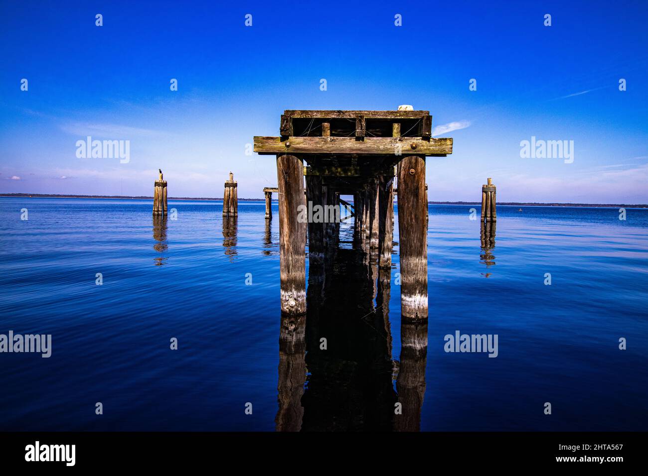 Tall wooden port structure in blue water Stock Photo - Alamy