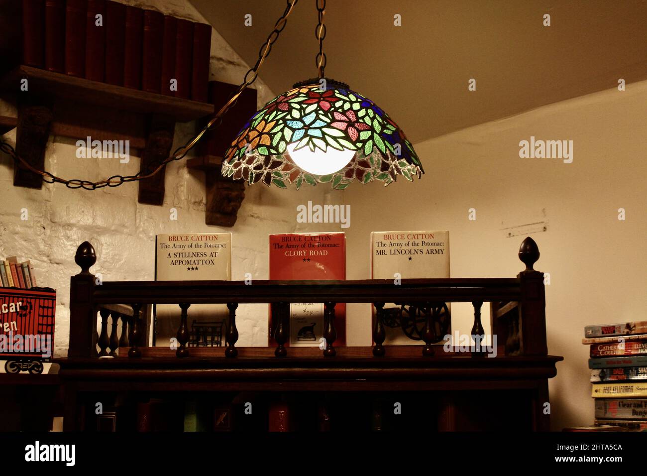 Book showcase with an antique lamp hanging overhead Stock Photo - Alamy