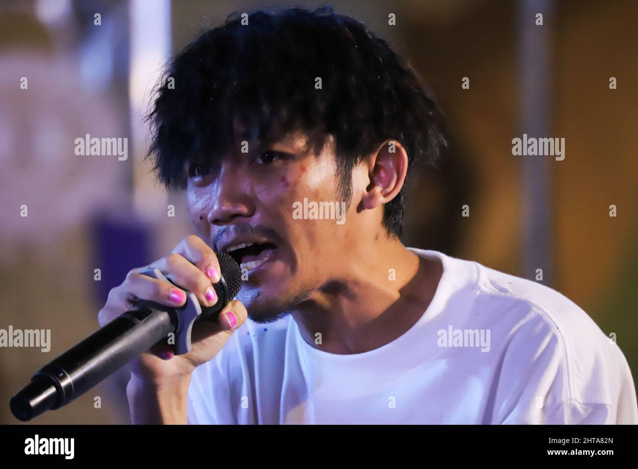 Bangkok, Thailand. 27th Feb, 2022. The rap artist aka 3Bone sings about ...